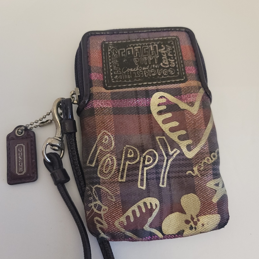 Coach Poppy Tartan Plaid Metallic Wallet Wristlet Pou… - Gem